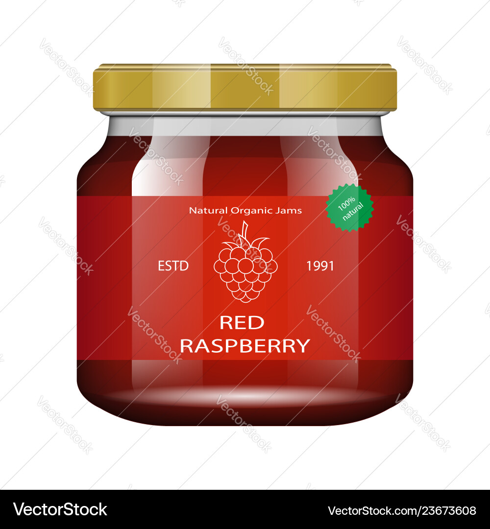 Jam raspberries glass jar with and configure Vector Image