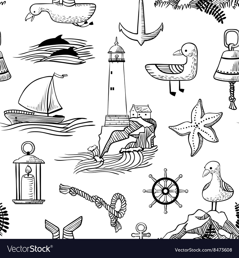 Pattern with doodle marine objects Royalty Free Vector Image