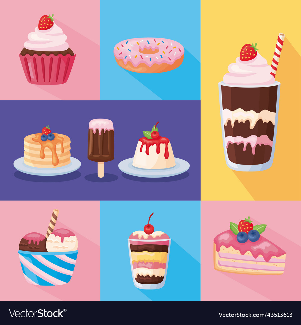 Nine sweet desserts Royalty Free Vector Image - VectorStock