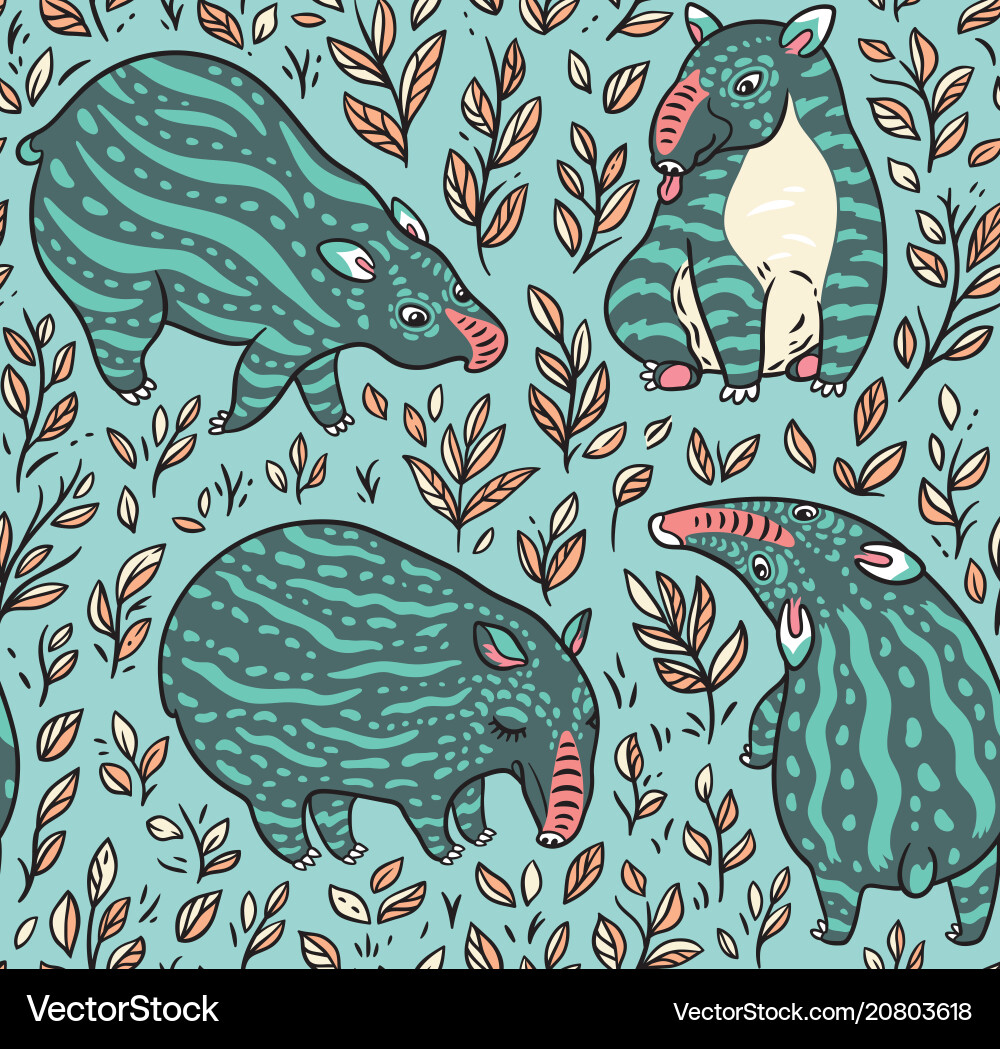 Cartoon tapirs seamless pattern green tapirs with Vector Image
