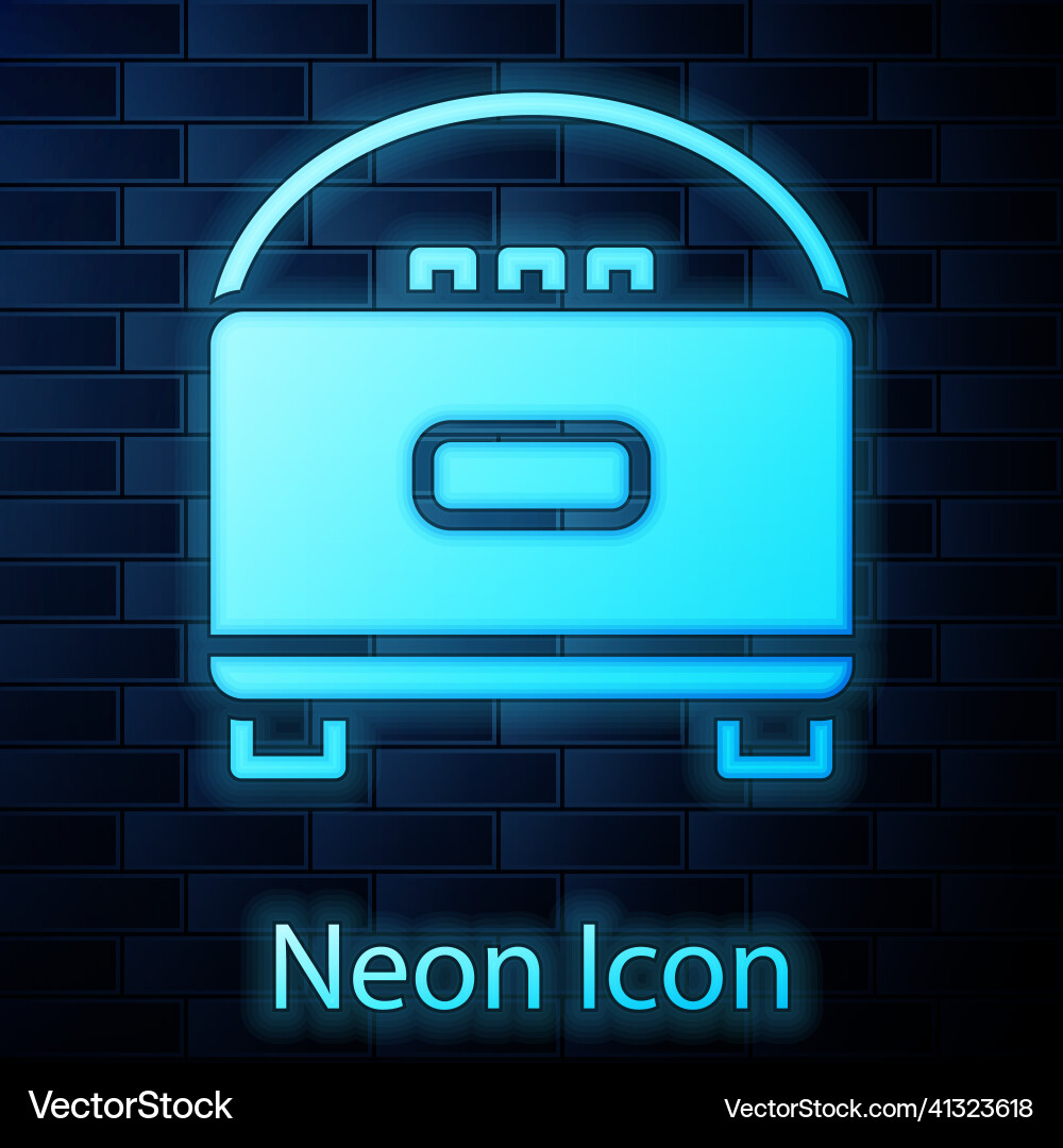 Glowing neon stereo speaker icon isolated on brick