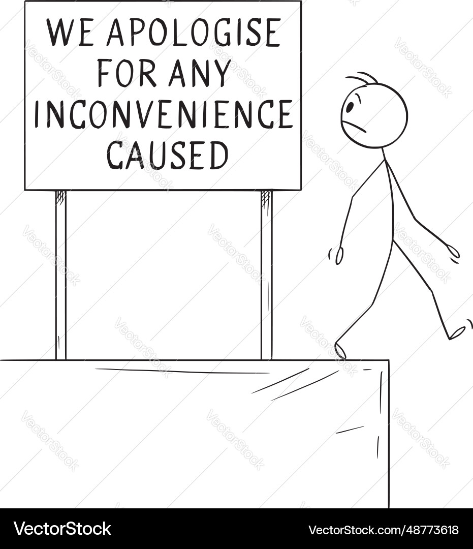 Person looking at apology sign and falling down Vector Image