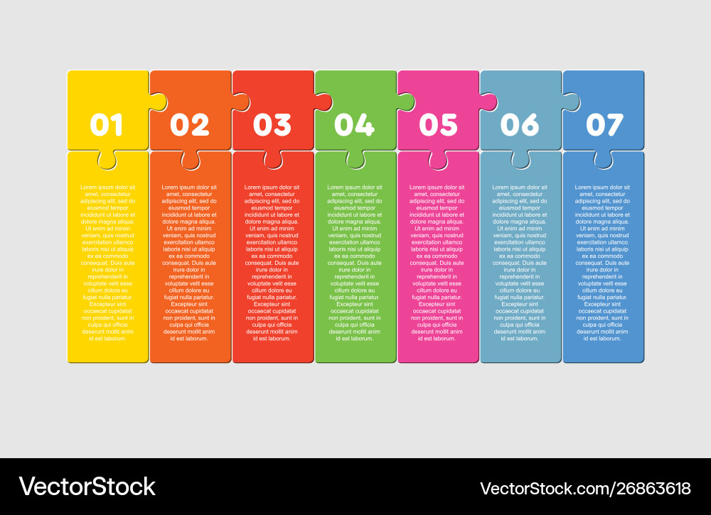 Seven jigsaw puzzle template process text space Vector Image