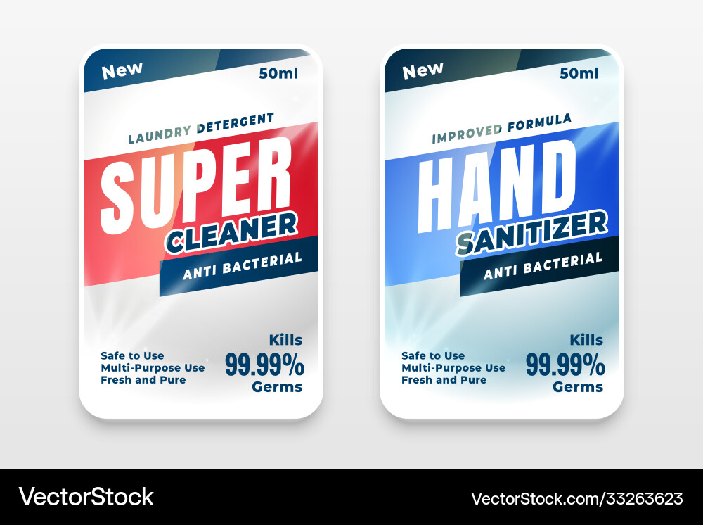 Detergent cleaner and disinfectant labels set Vector Image