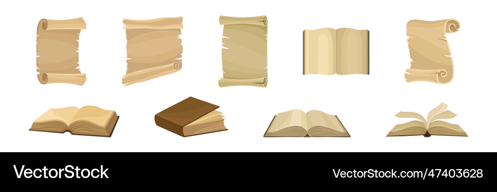 Aged papyrus scroll and book in hard cover Vector Image