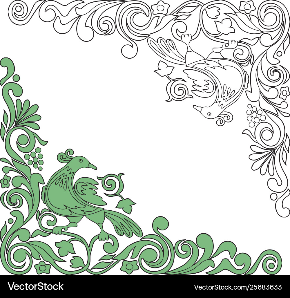 Decorative floral corners with fabulous bird Vector Image