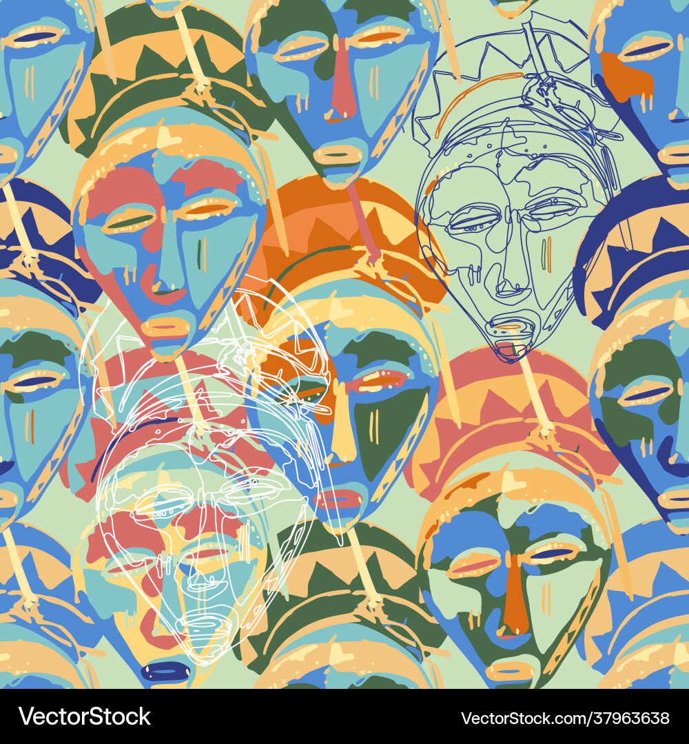 Seamless pattern vintage woodenn masks Royalty Free Vector