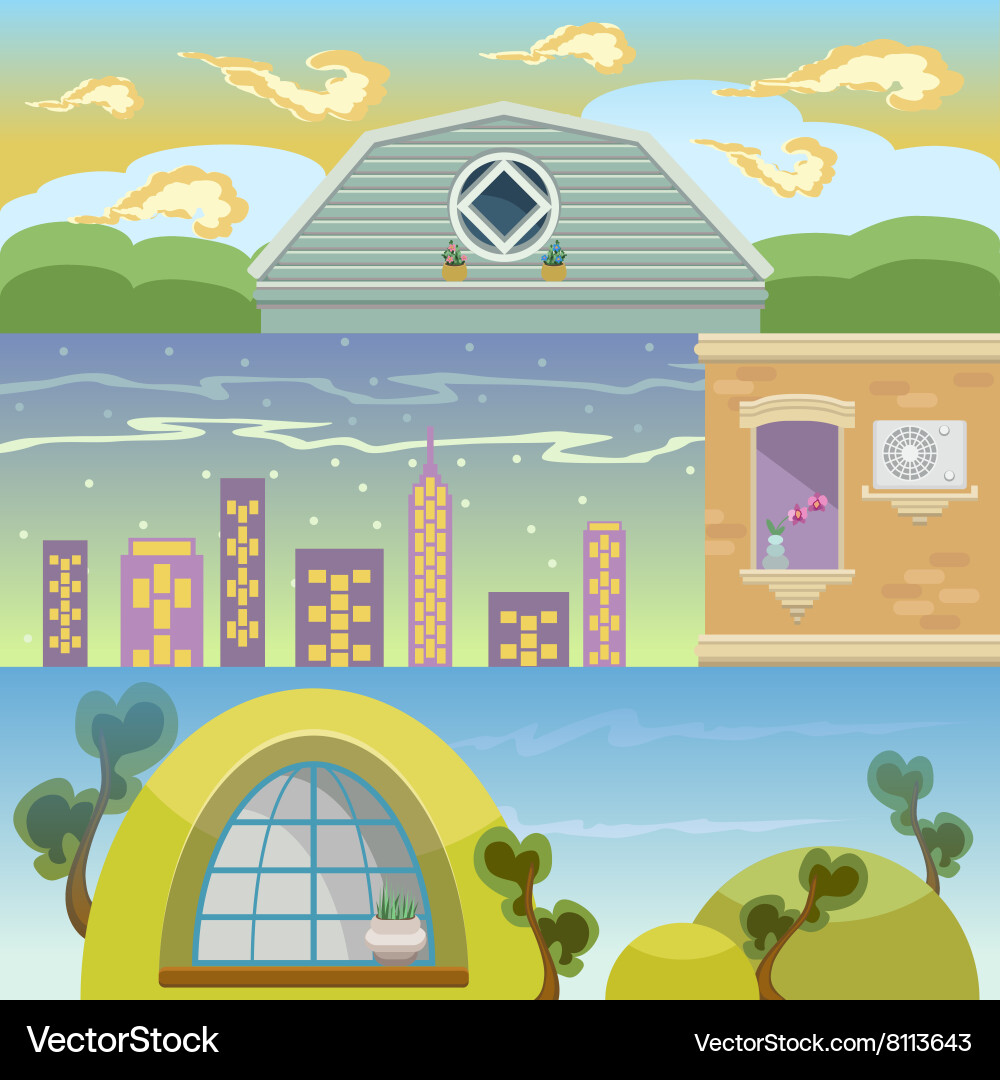 Cartoon landscape with houses windows clouds Vector Image