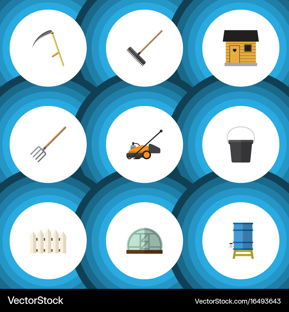 Flat icon dacha set of harrow container hay fork Vector Image