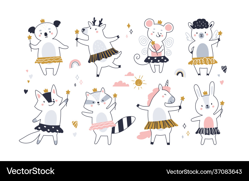 Set cute fairy animals with magic wands Royalty Free Vector
