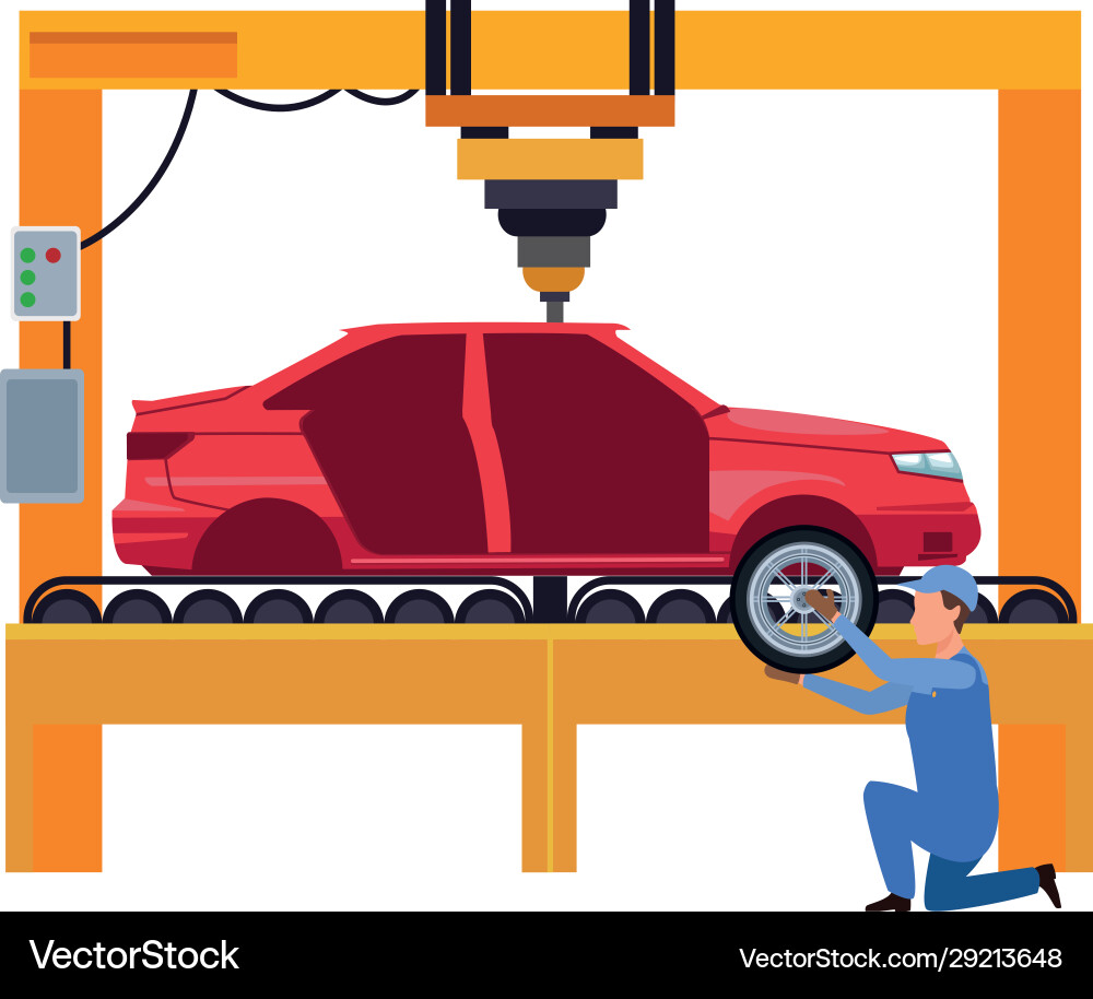 Car repair design mechanic working at machine Vector Image