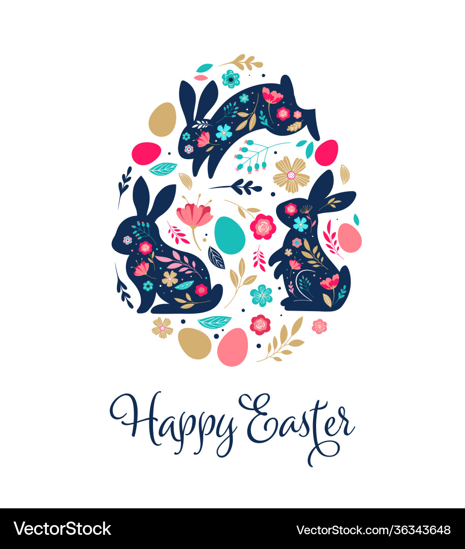 Happy easter bunnies flowers and eggs folk Vector Image