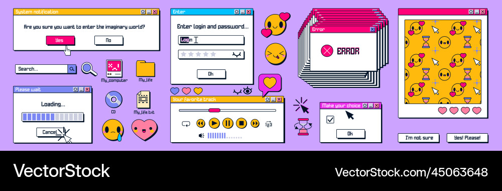 Y2k windows retro screens in retrowave style Vector Image