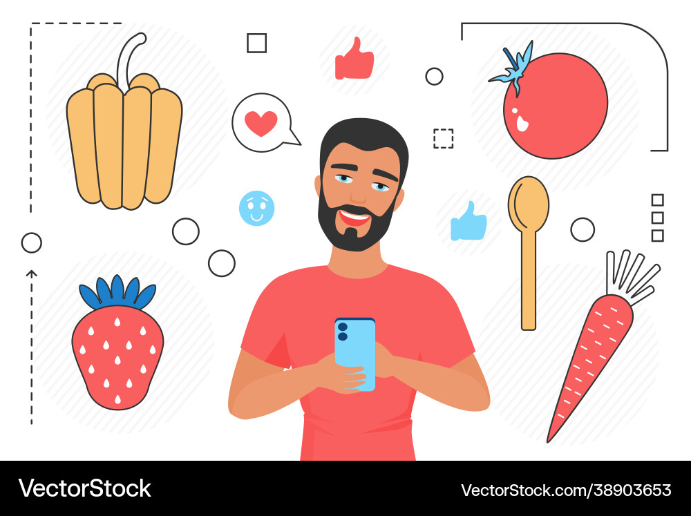 Healthy food phone app man using Royalty Free Vector Image