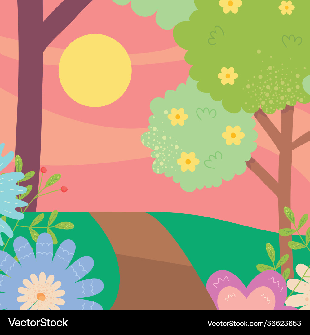 Spring landscape with flowers trees sun and road Vector Image