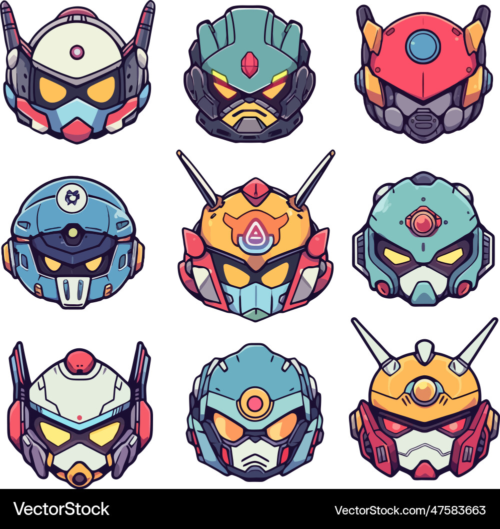 9 alien robot heads icons over white Royalty Free Vector