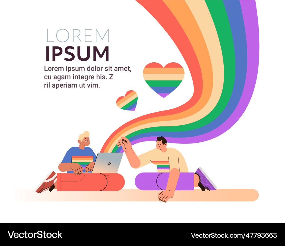 Men with lgbt rainbow flags using laptop gay Vector Image