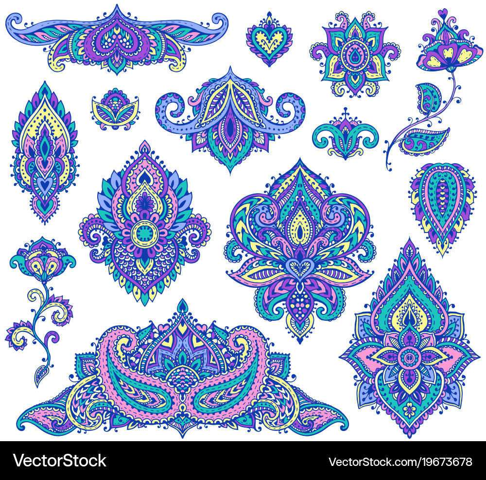 Big set colorful henna floral elements Royalty Free Vector
