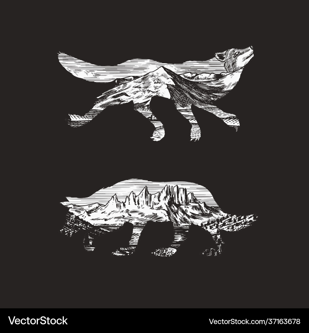 Gray wolf logo and badge forest and mountain Vector Image