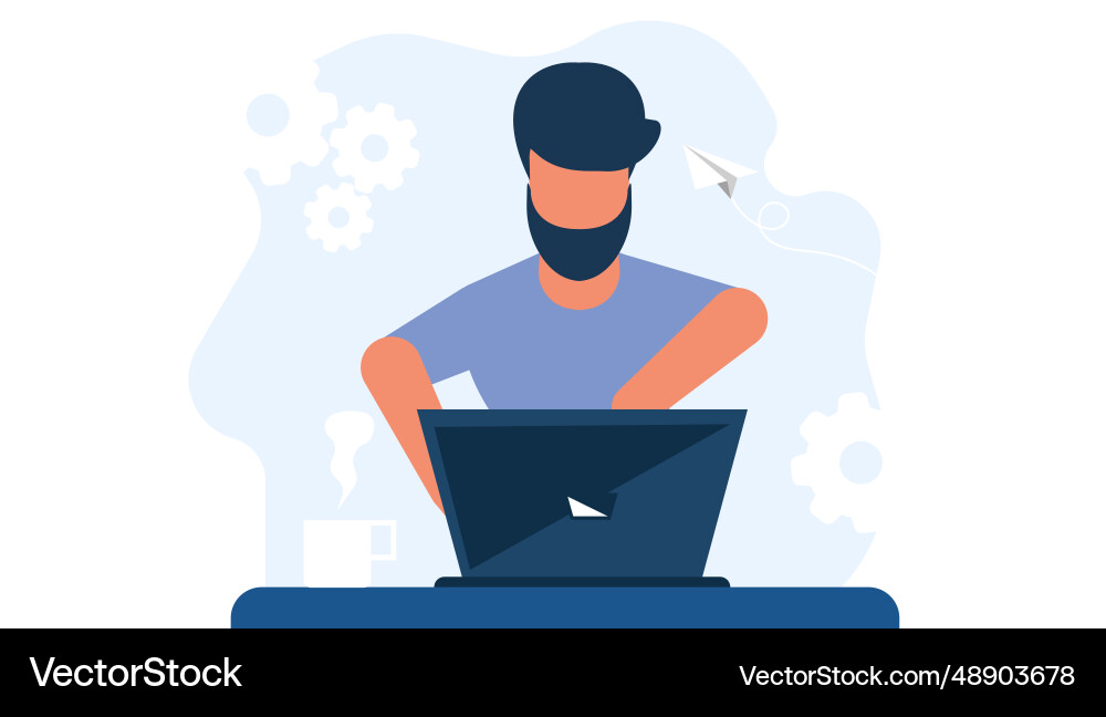 Thinking sad man on laptop flat business concept Vector Image