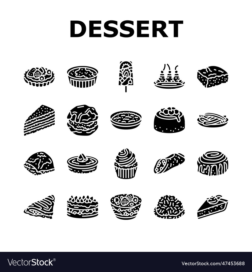 Dessert sweet food cake candy icons set Royalty Free Vector