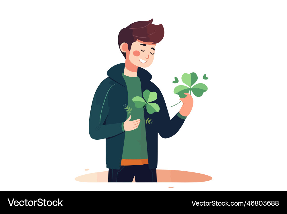 Happy man holding lucky four-leaf clover Vector Image