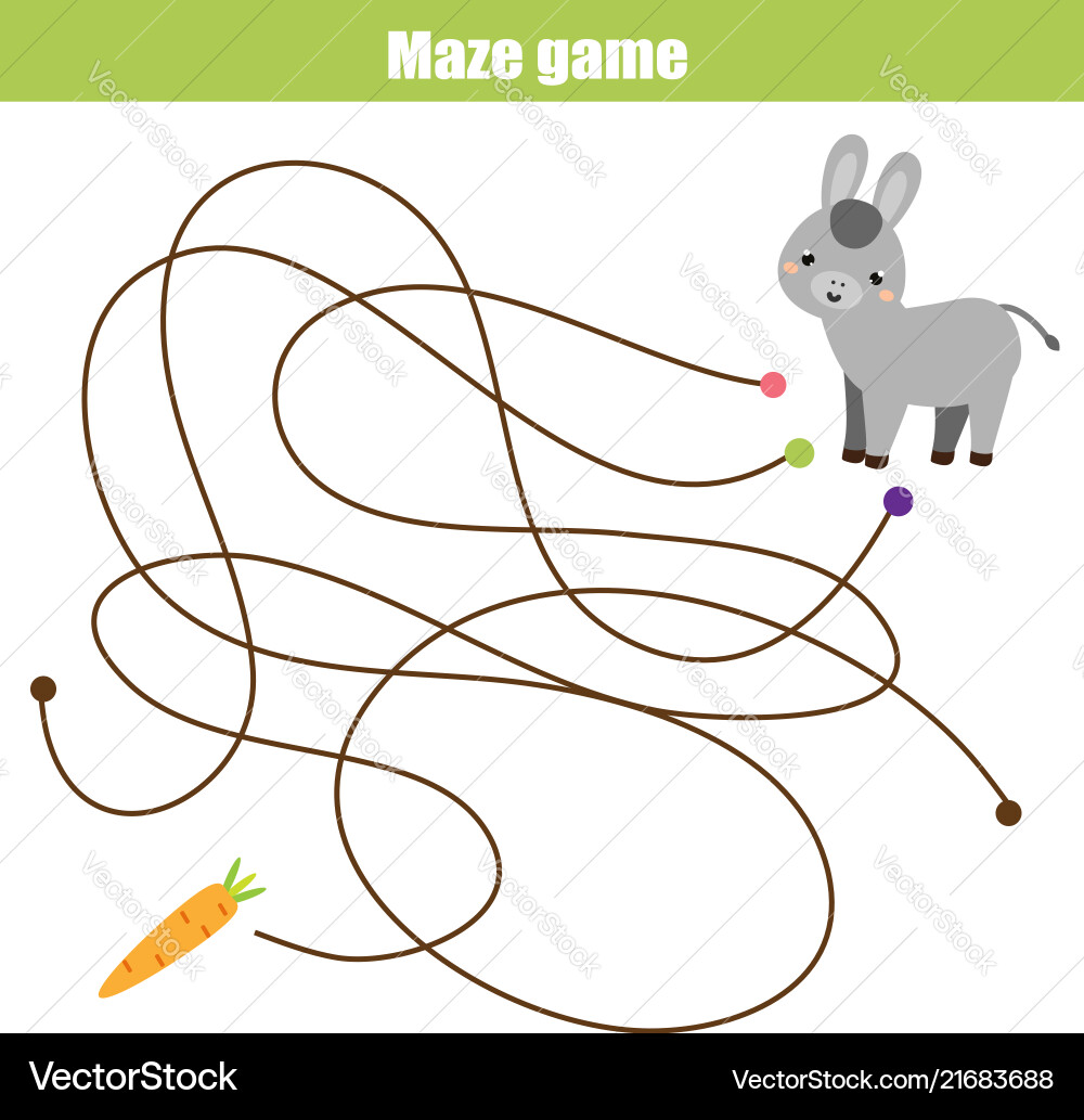 Maze game animals theme help donkey find carrot Vector Image