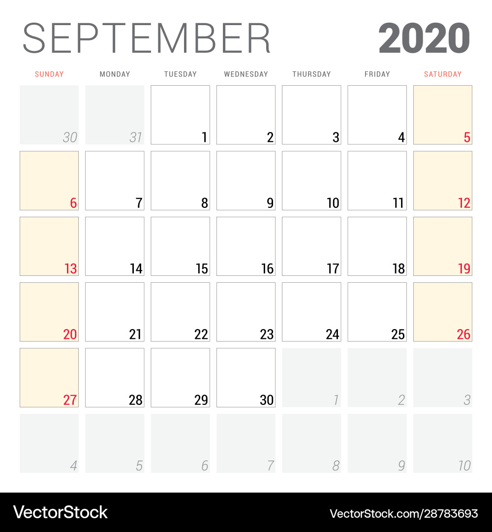 Calendar planner for september 2020 week starts Vector Image