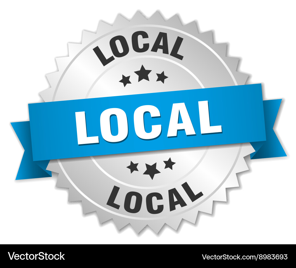 Local 3d silver badge with blue ribbon Royalty Free Vector