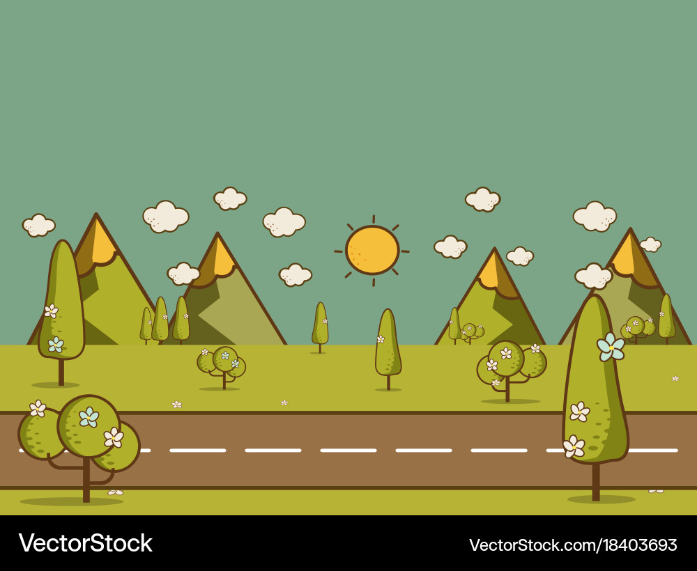 Road in green valley mountains hills clouds Vector Image
