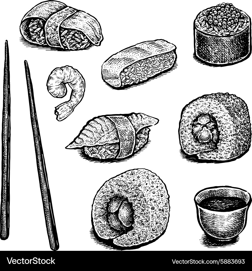 Set of hand drawn ink sushi Royalty Free Vector Image