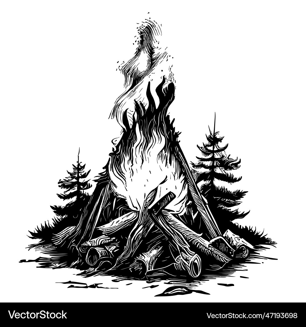Bonfire in the forest hand drawn sketch Royalty Free Vector