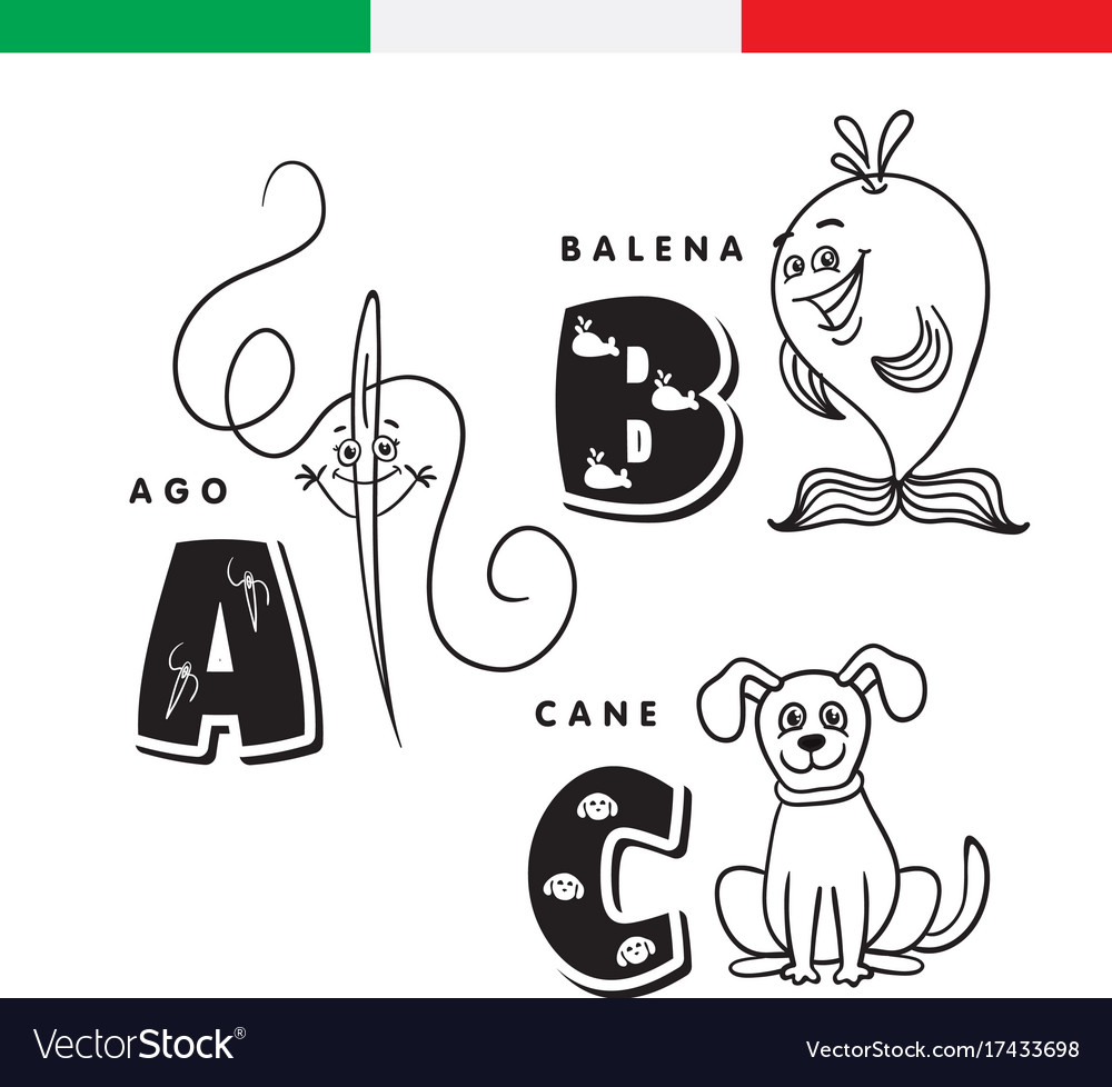 Italian alphabet needle whale dog Royalty Free Vector Image