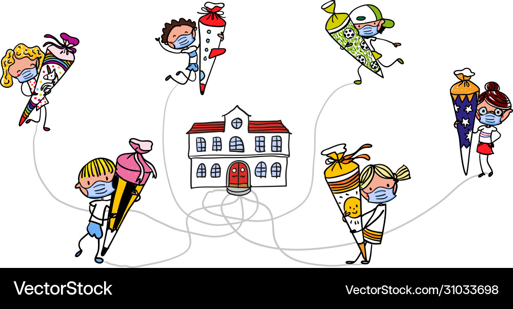Pupils with face masks on their first day Vector Image