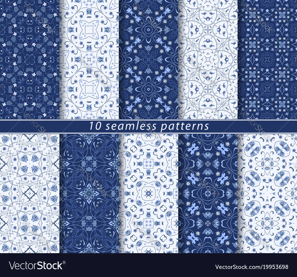 Ten classic seamless blue patterns Royalty Free Vector Image