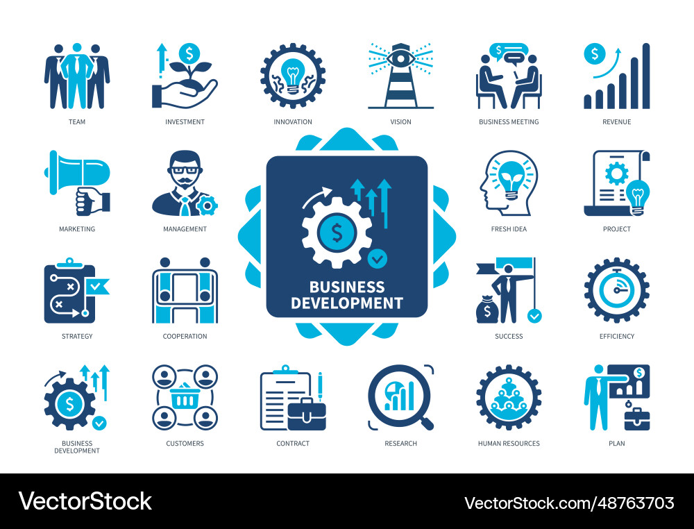 Business development solid icon set Royalty Free Vector