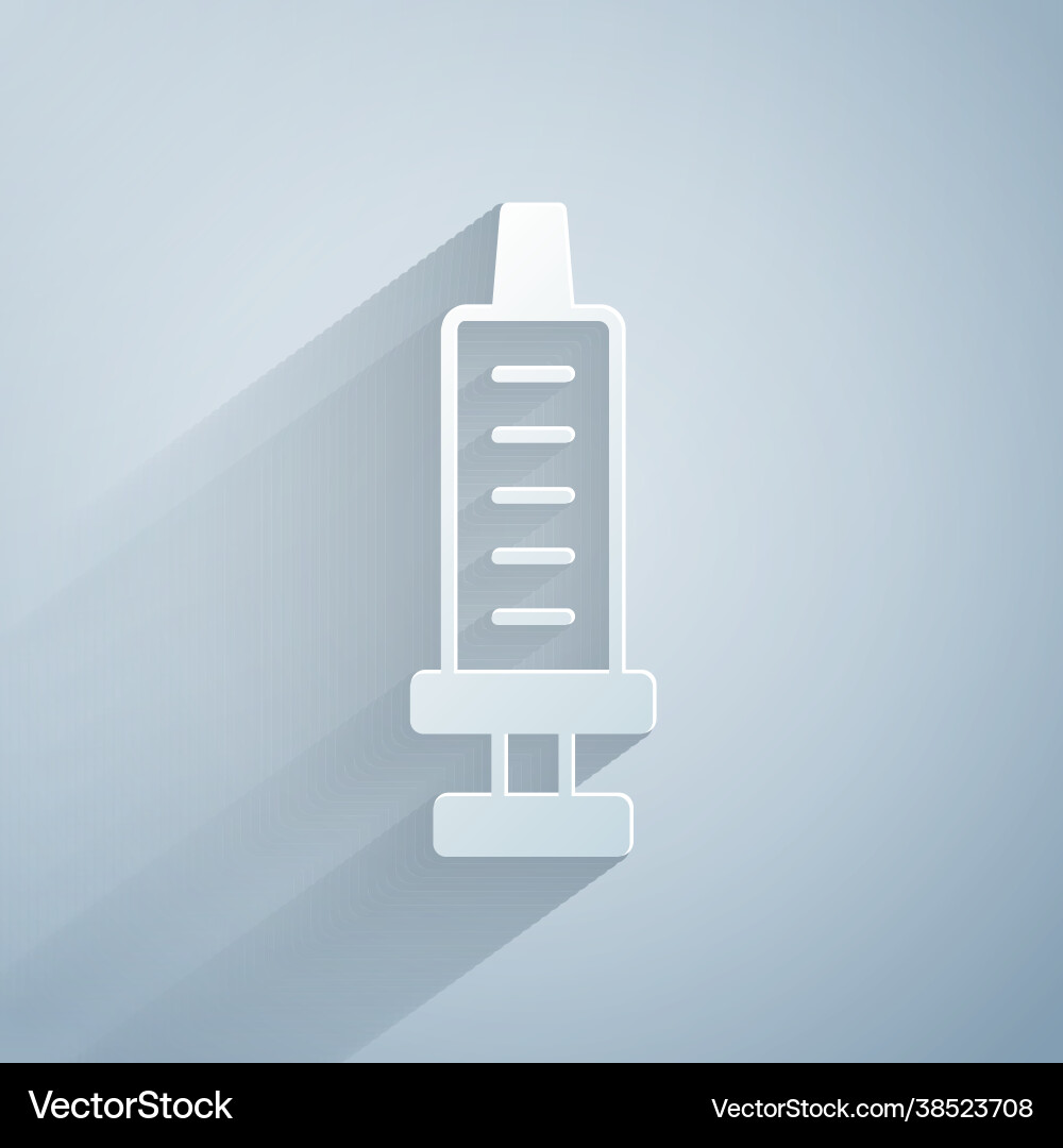 Paper cut syringe icon isolated on grey background