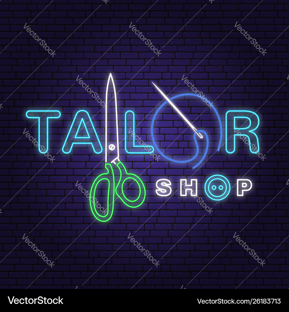 Tailor shop neon design or emblem night Royalty Free Vector