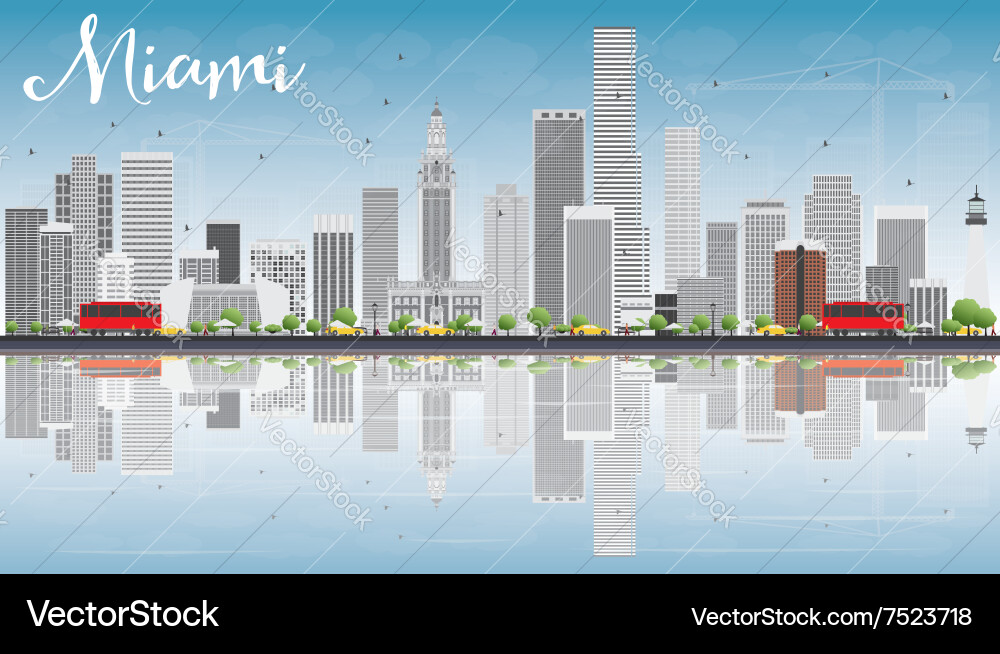 Miami Skyline with Gray Buildings Blue Sky Vector Image