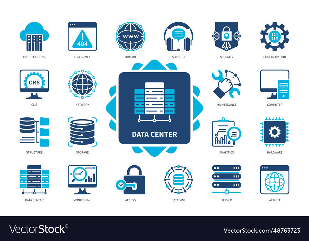 Data center solid icon set Royalty Free Vector Image