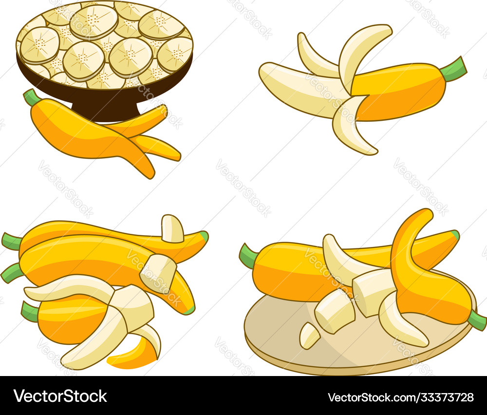 Cartoon bananas set yellow fruit and bunch Vector Image