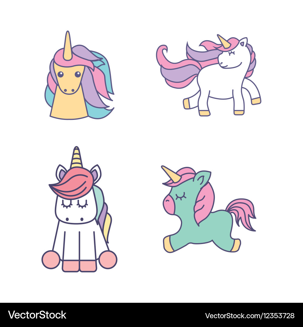 Drawing cute set unicorns icon Royalty Free Vector Image