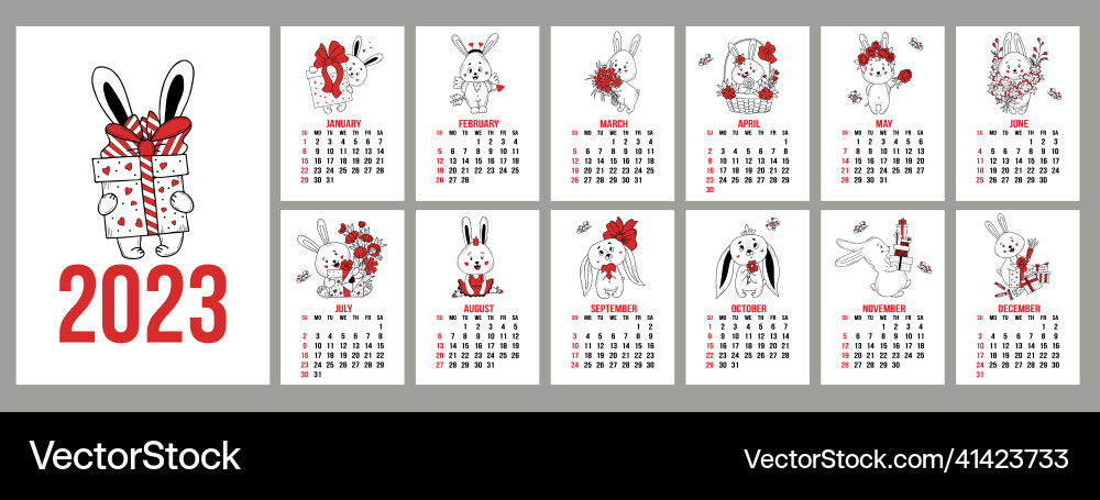 Calendar template for 2023 with cute rabbits Vector Image