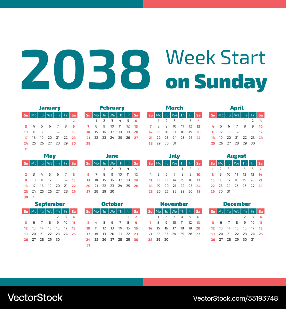 2038 calendar with weeks start on sunday Vector Image