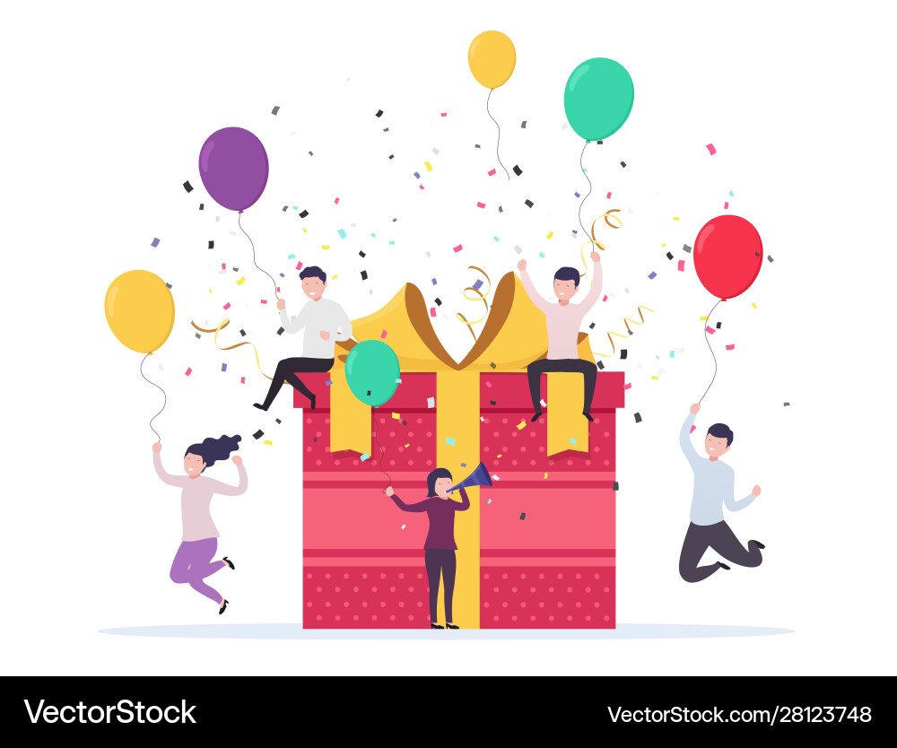Joyful people jump out near a gift box Royalty Free Vector