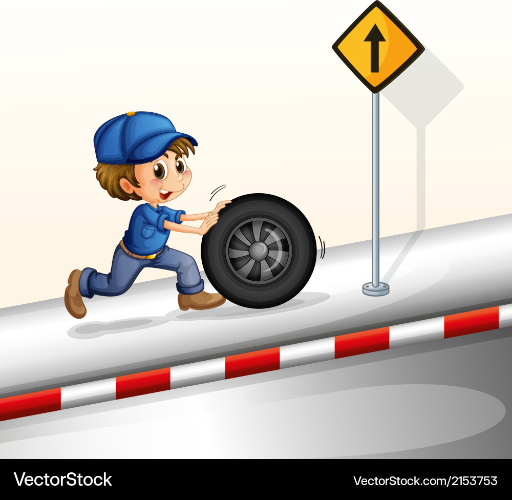 A smiling mechanic pushing the tire Royalty Free Vector