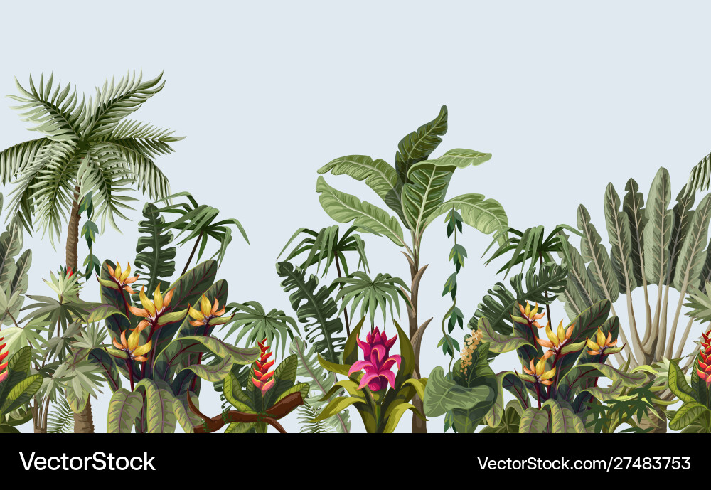 Seamless border with jungle trees and flowers Vector Image