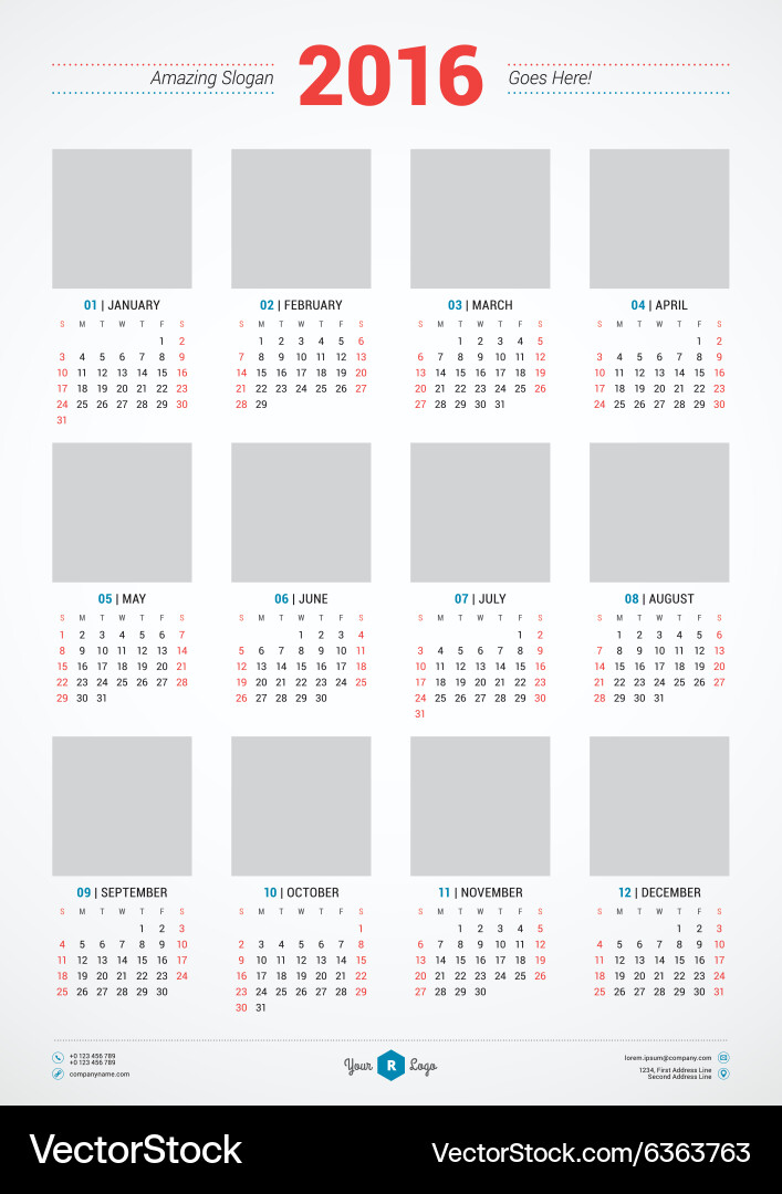 Calendar 2016 design template week starts sunday Vector Image