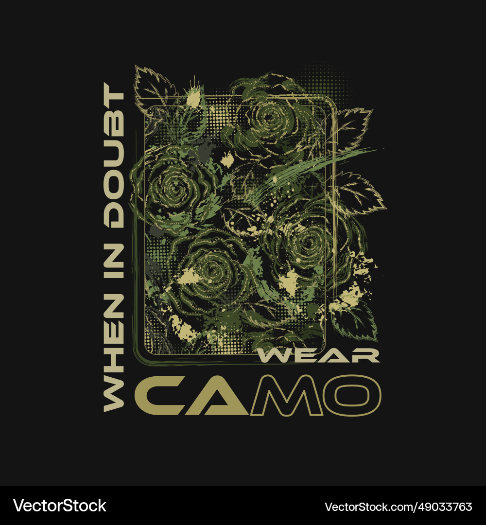 Khaki green camouflage label with roses Royalty Free Vector