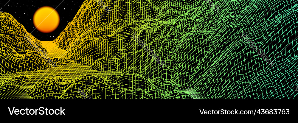 Neon grid landscape and sun with 80s arcade game Vector Image